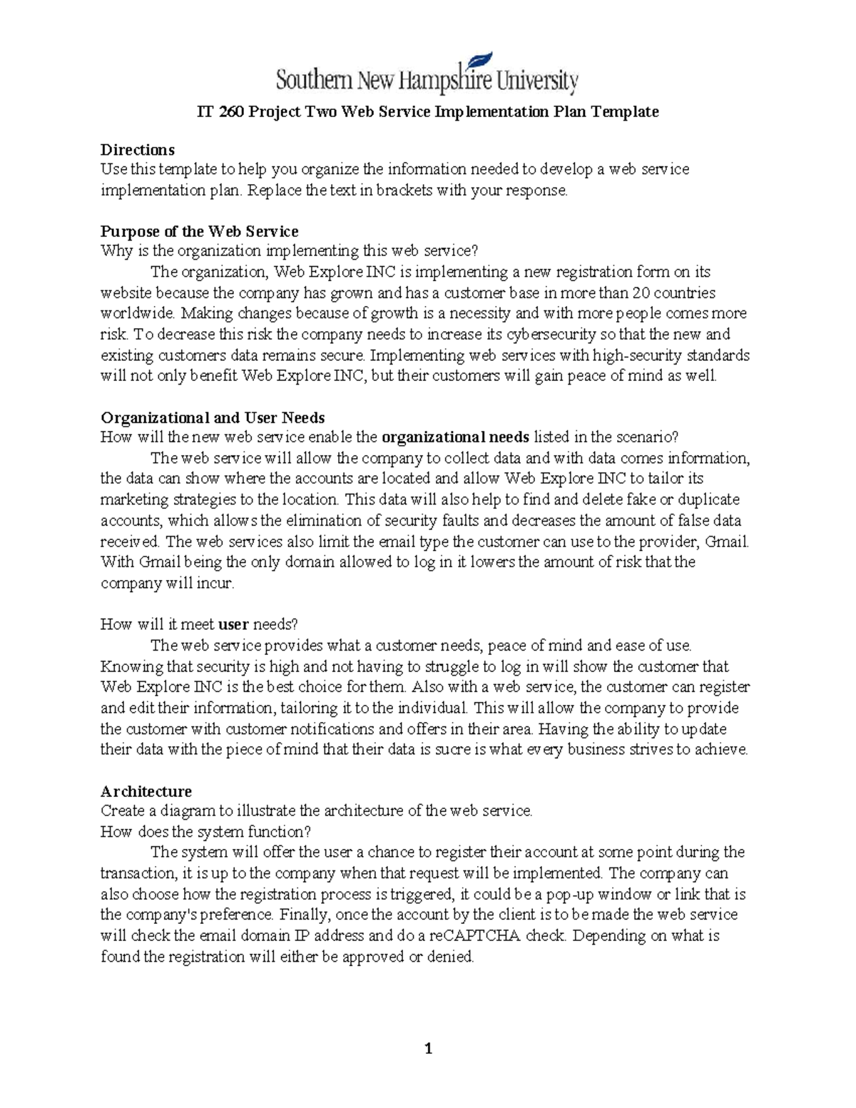 IT 260 Project Two Web Service Implementation Plan Template - Replace the text in brackets with ...