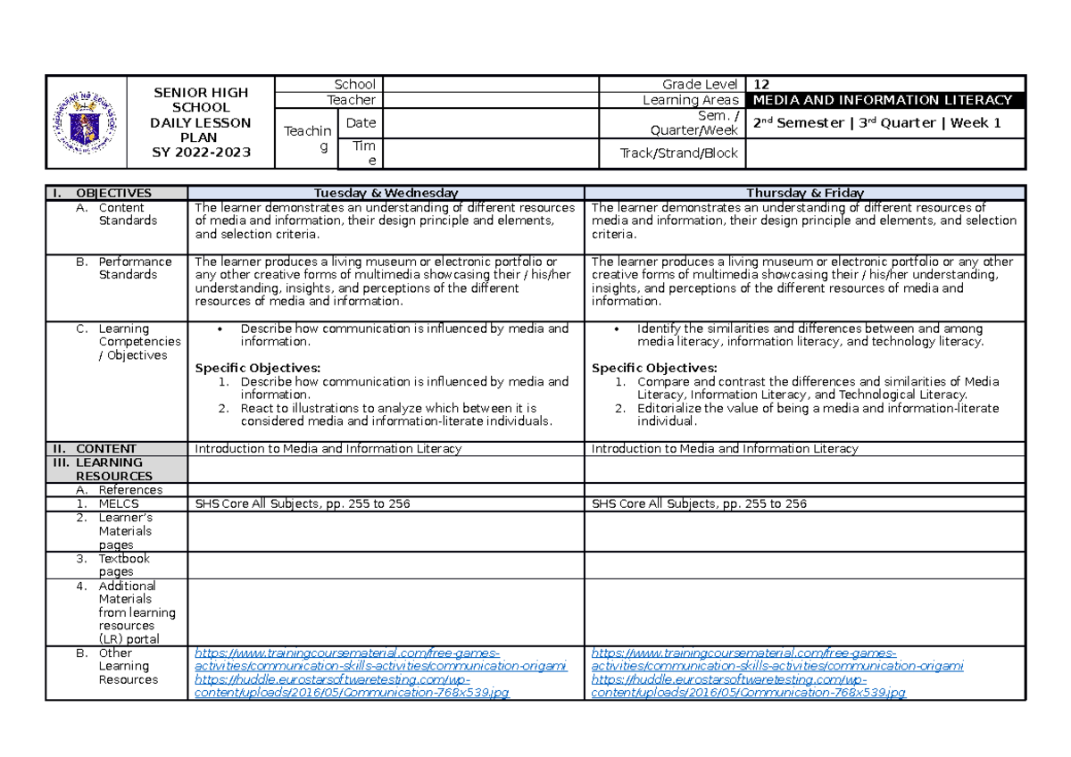 DLL MIL Week 1 - Daily Lesson Plan on Media and Information Literacy - Studocu
