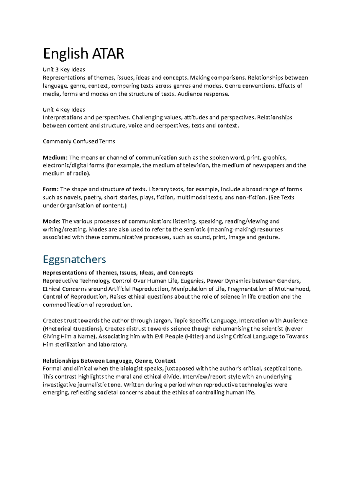 English ATAR Unit 3 and 4 Notes: Themes, Issues, and Genres Analysis ...