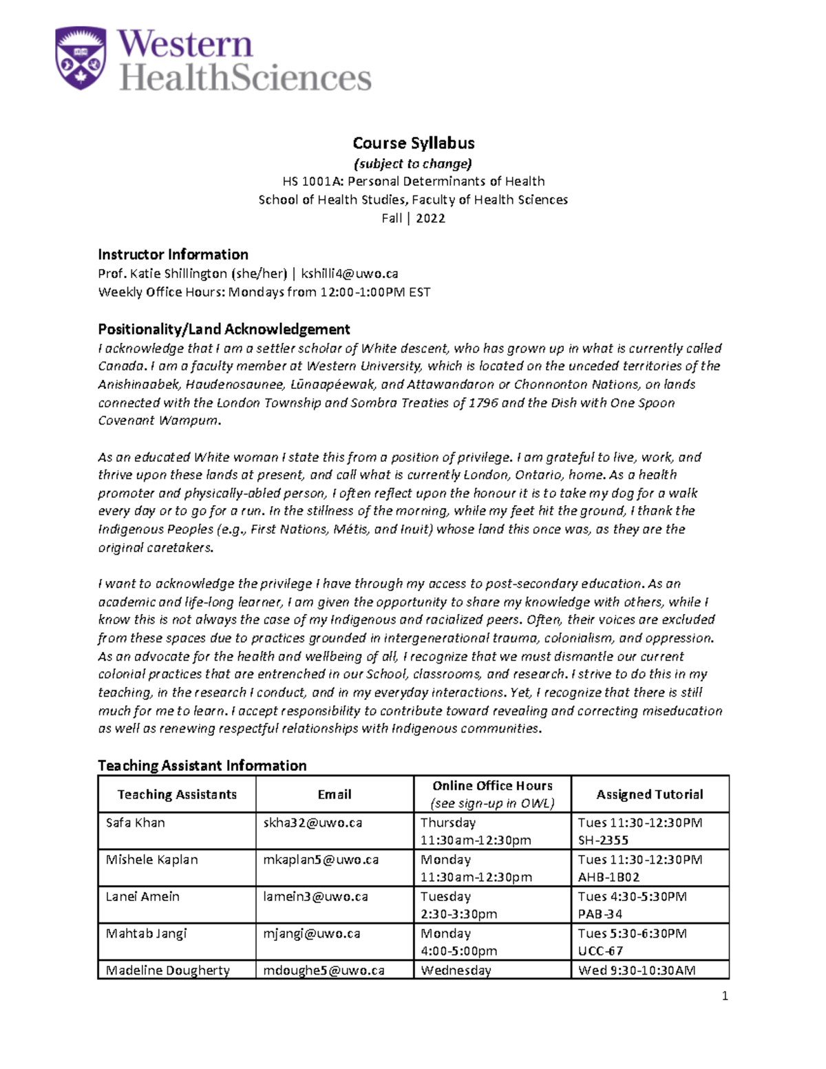 HS1001A syllabus - Course Syllabus (subject to change) HS 1001A ...