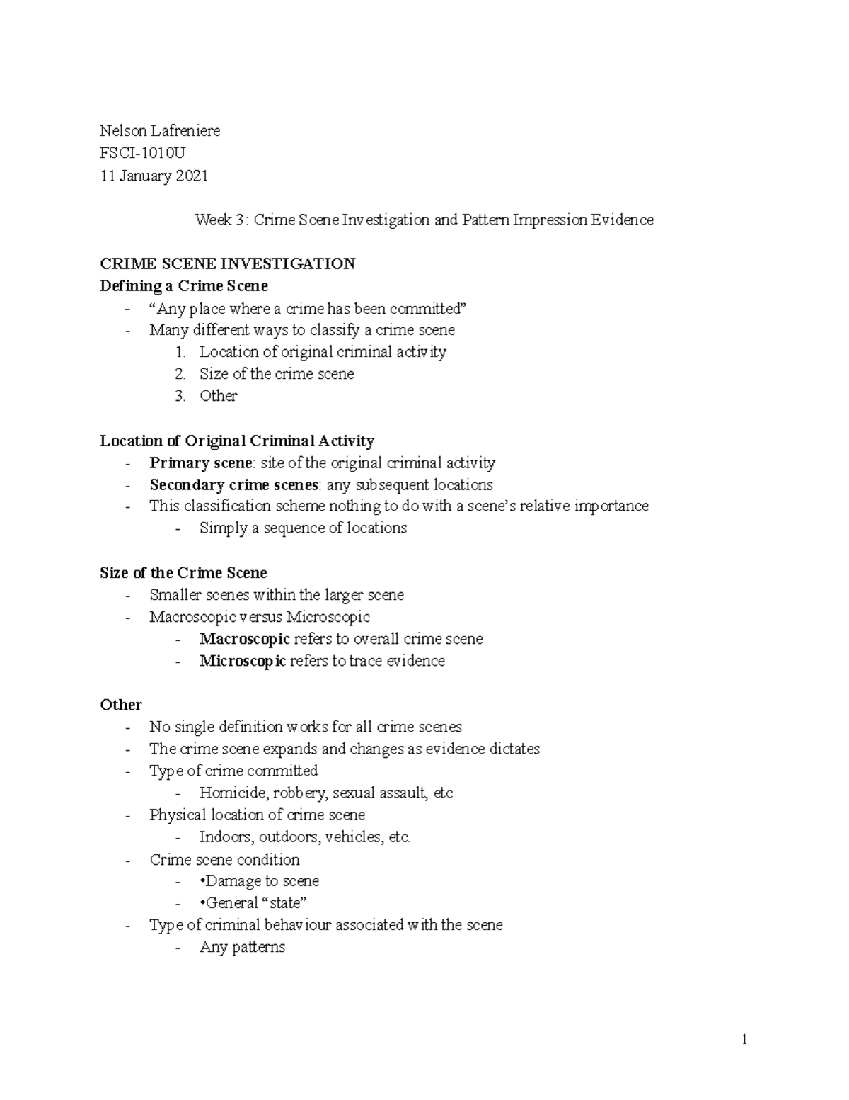Week 3 Crime Scene Investigation and Pattern Impression Evidence (FSCI ...