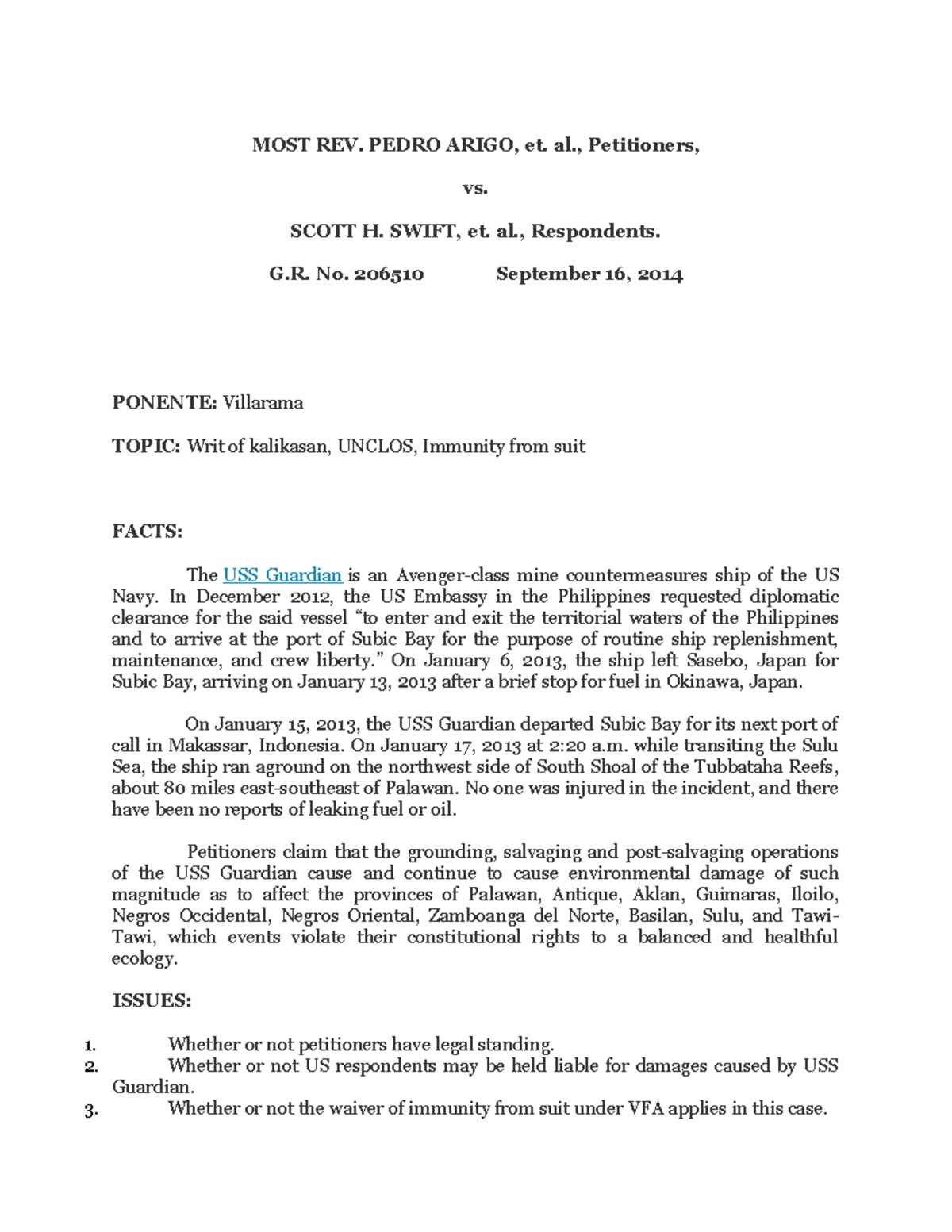 Arigo vs Swift GR 2016 510 - MOST REV. PEDRO ARIGO, et. al ...