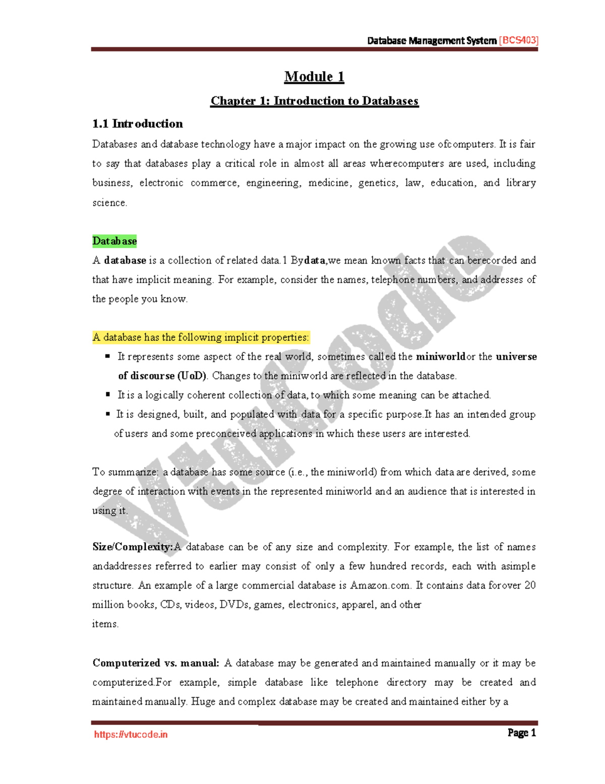 BCS403 Module 1: Easy Study Notes for Database Exam Preparation - Studocu