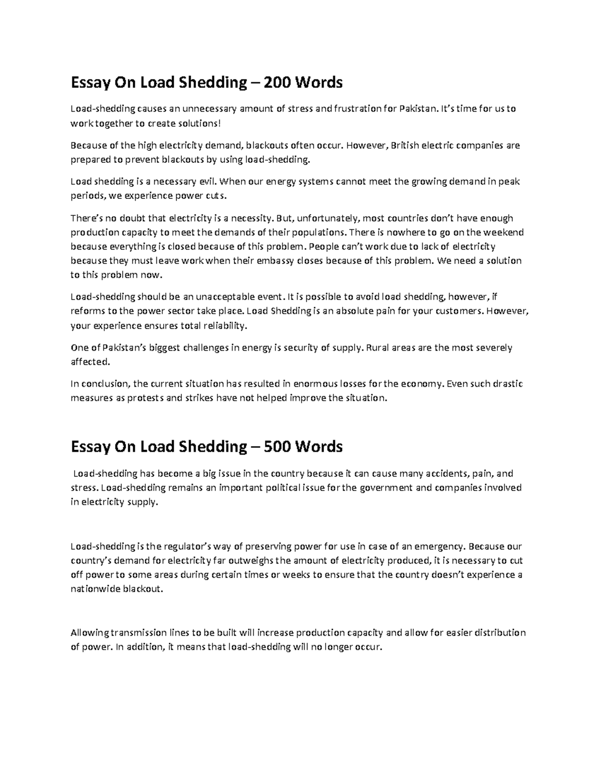 Essay On Load Shedding - All information - Essay On Load Shedding – 200 ...