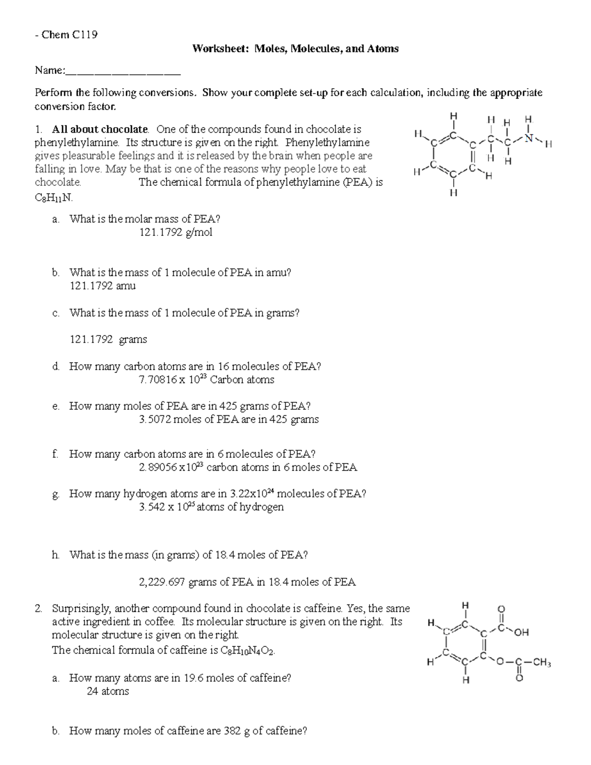 Worksheet: Moles and Molecules in Chocolate (Chem C) Sp19 - Studocu
