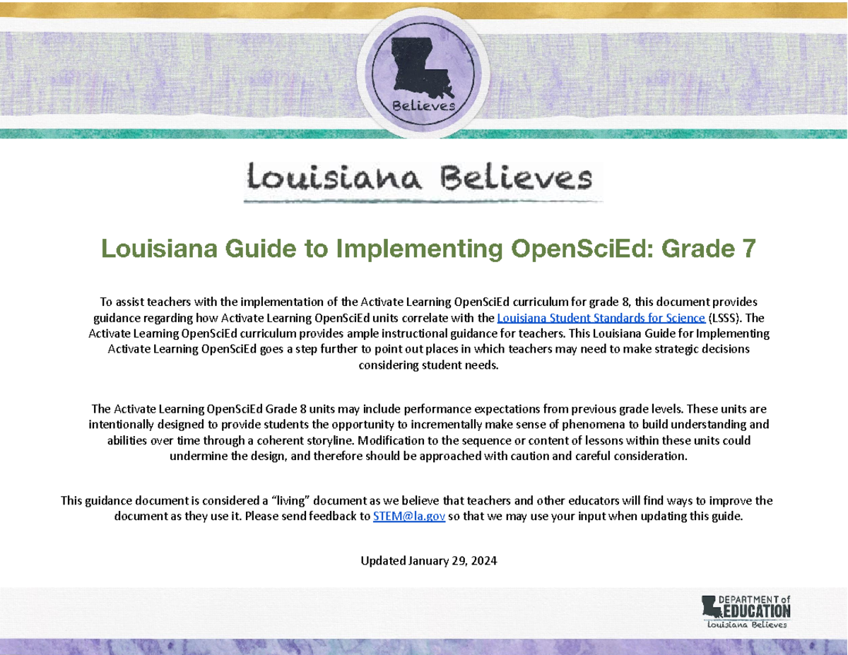 Grade 7 Louisiana Guide to Implementing OpenSciEd Curriculum - Studocu