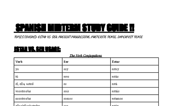 SPANISH 2 MIDTERM STUDY GUIDE: VERBS & TENSES - Studocu