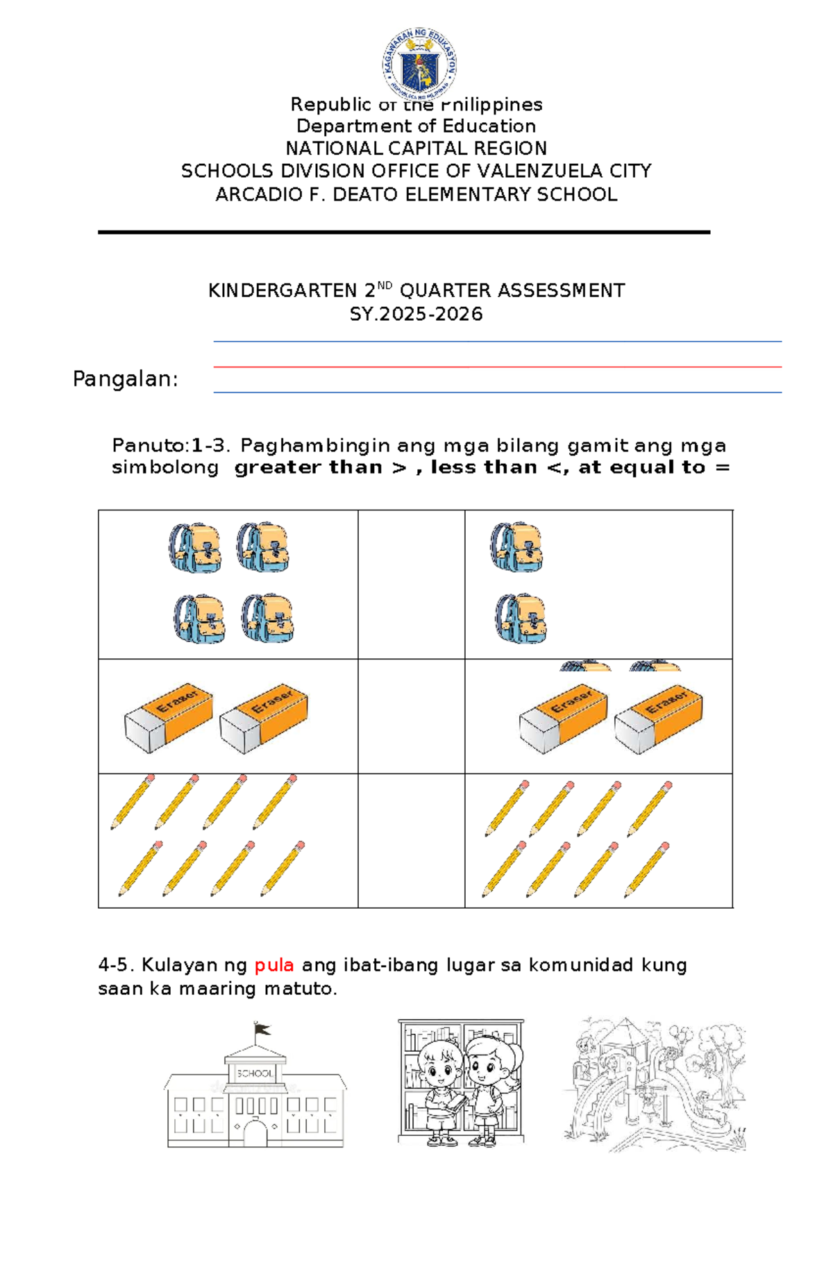 2ND Quarter Assessment for Kindergarten: Paghambingin ng Bilang - Studocu