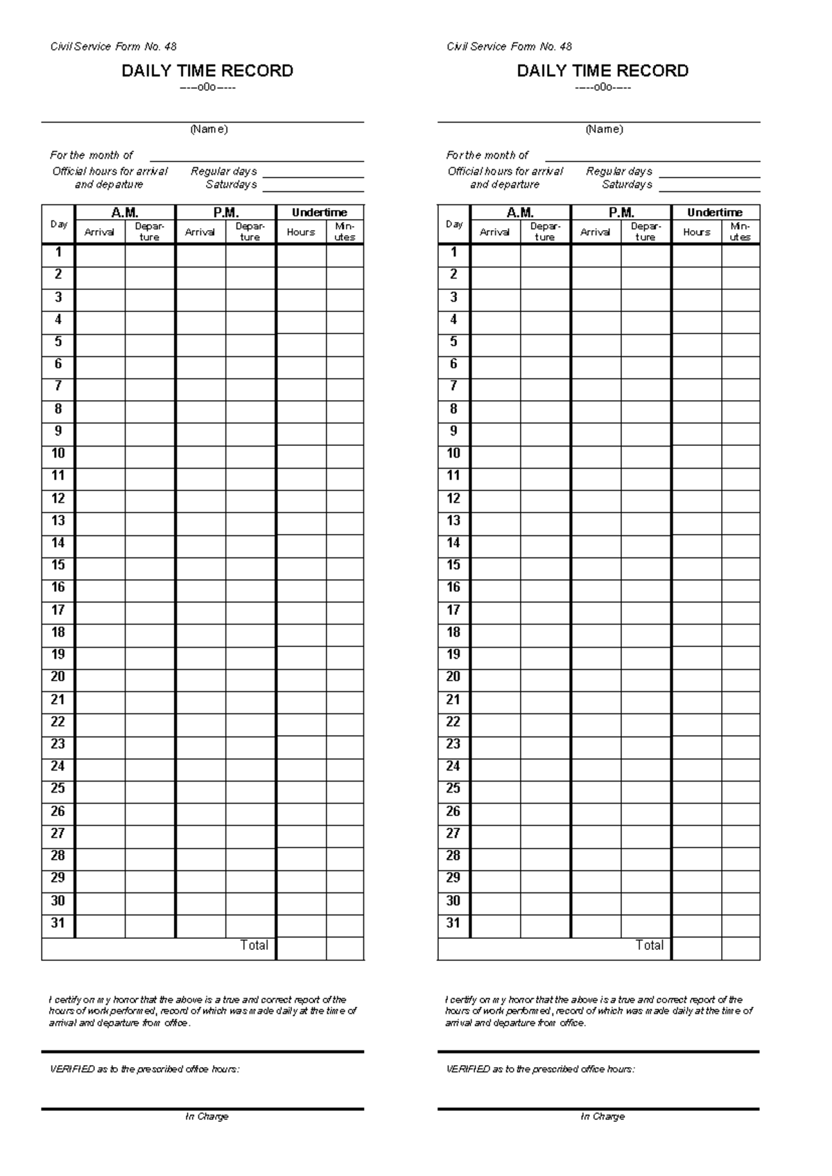 Civil Service Form No. 48: Daily Time Record (DTR) Template - Studocu