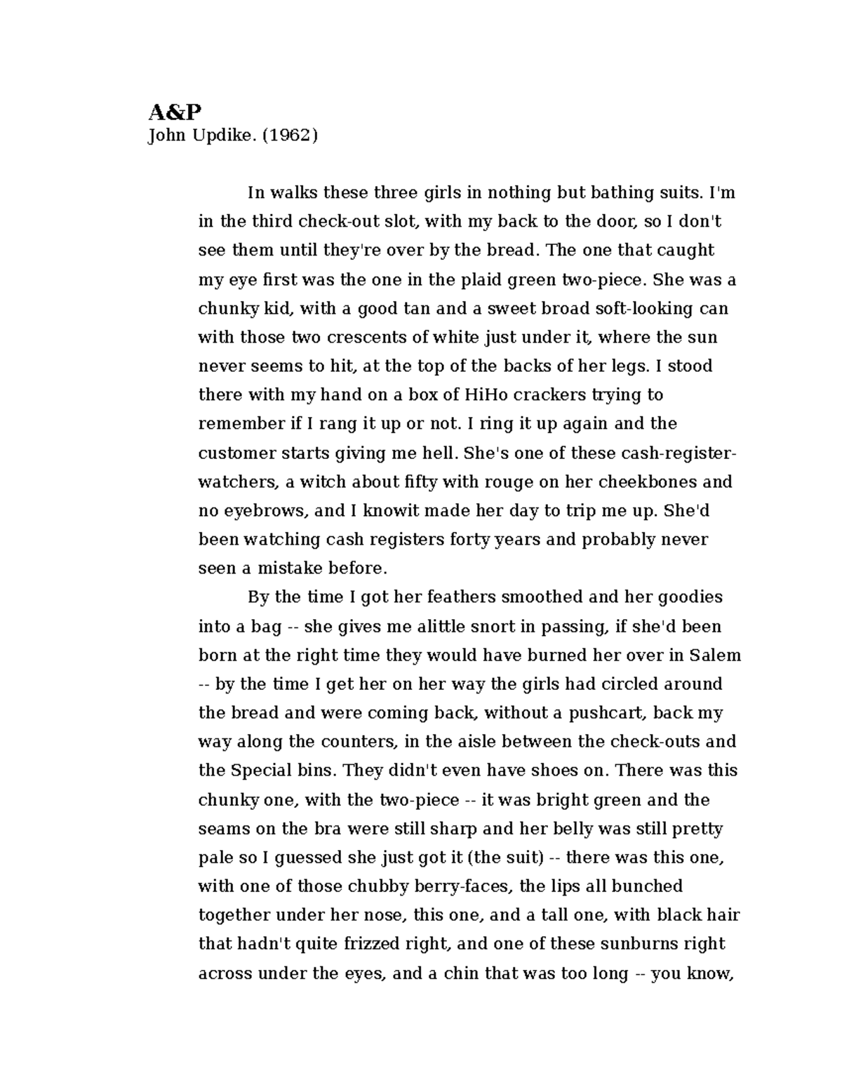 Engwr 301: Analysis of John Updike's "A&P" Short Story - Studocu
