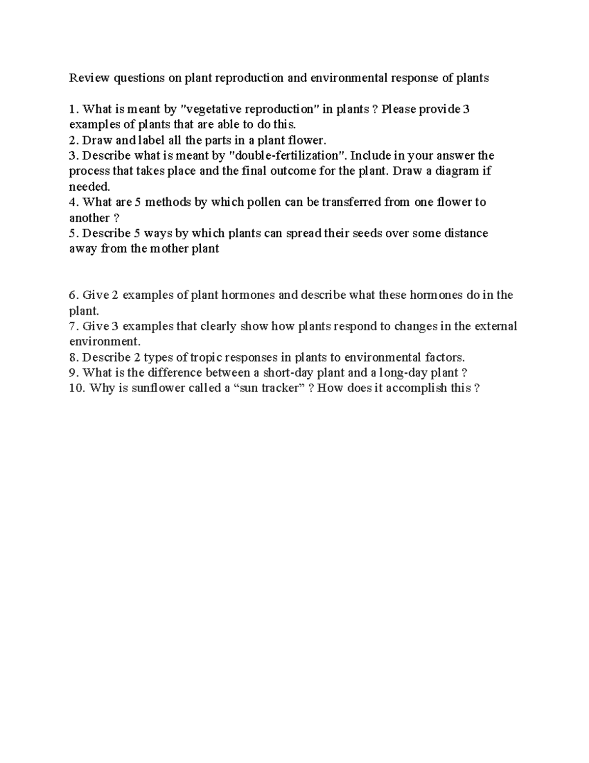 Plant Reproduction & Environmental Response Review Questions P-4, P-5 ...