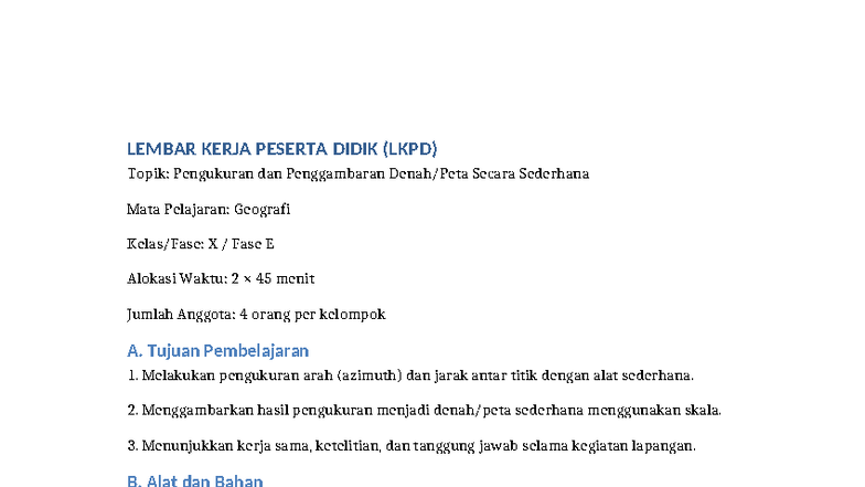 LKPD Geografi X: Pengukuran dan Penggambaran Peta Sederhana - Studocu
