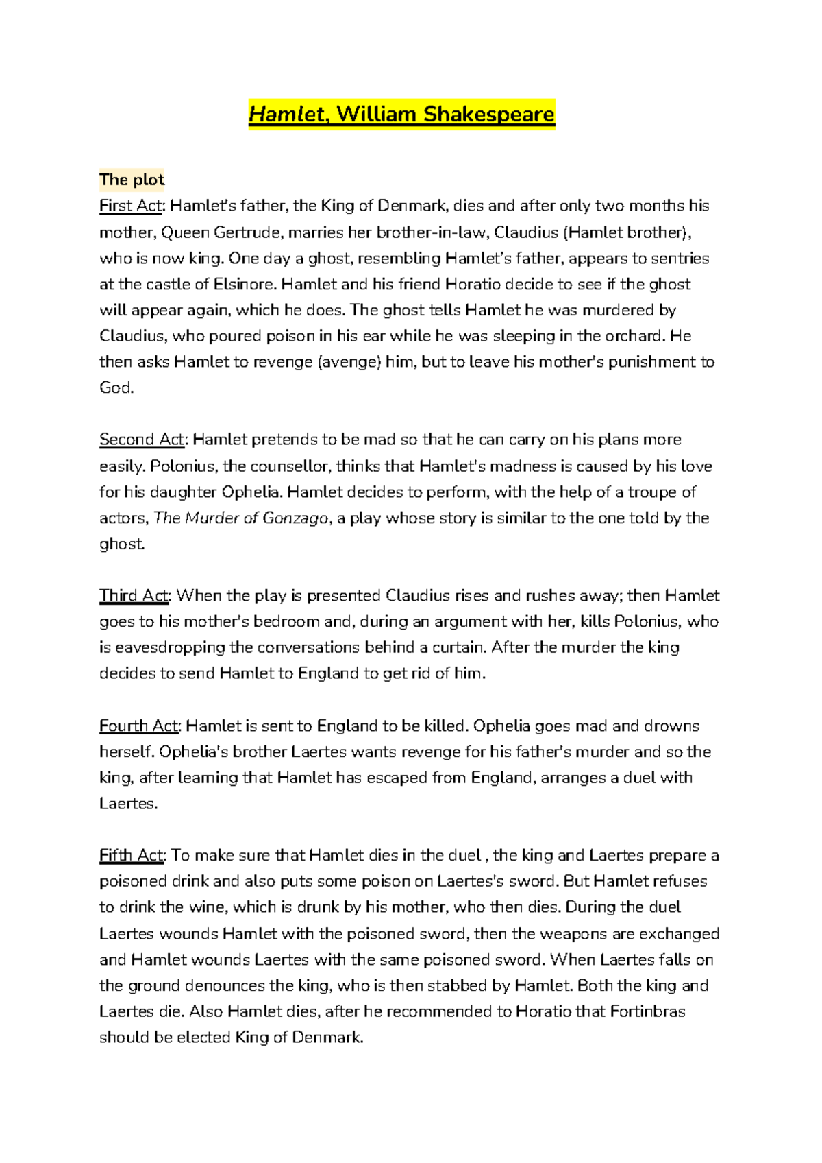 Hamlet (ENG 101) - Summary and Analysis of the Tragedy - Studocu