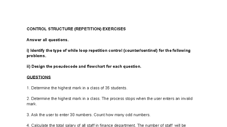 Control Structure (Repetition) Exercises AB: Pseudocode & Flowcharts ...
