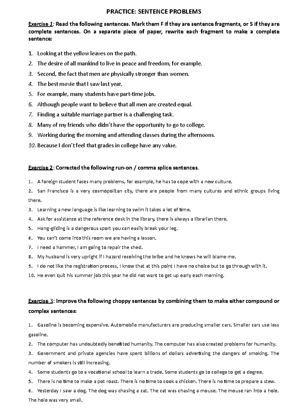 Practice Sentence Problems: Identifying Fragments and Correcting Errors ...