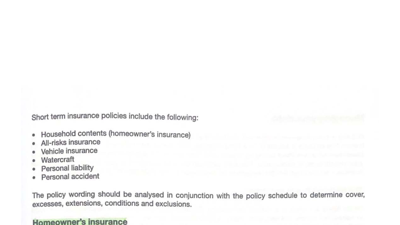 Short Term Insurance Policies Overview and Key Coverages - Studocu