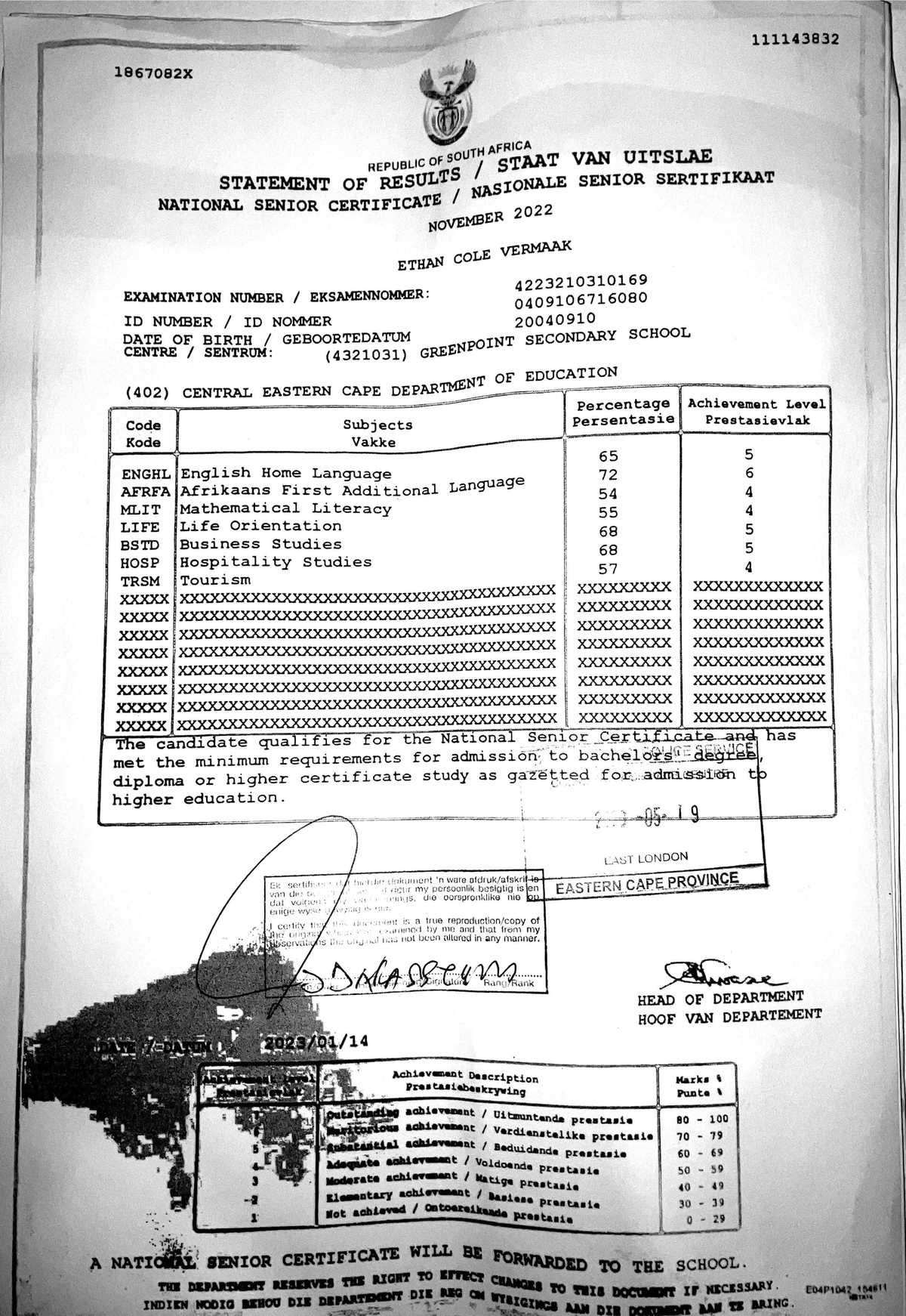 1867082X NATIONAL SENIOR CERTIFICATE RESULTS NOV 2022 - ETHAN VERMAAK ...
