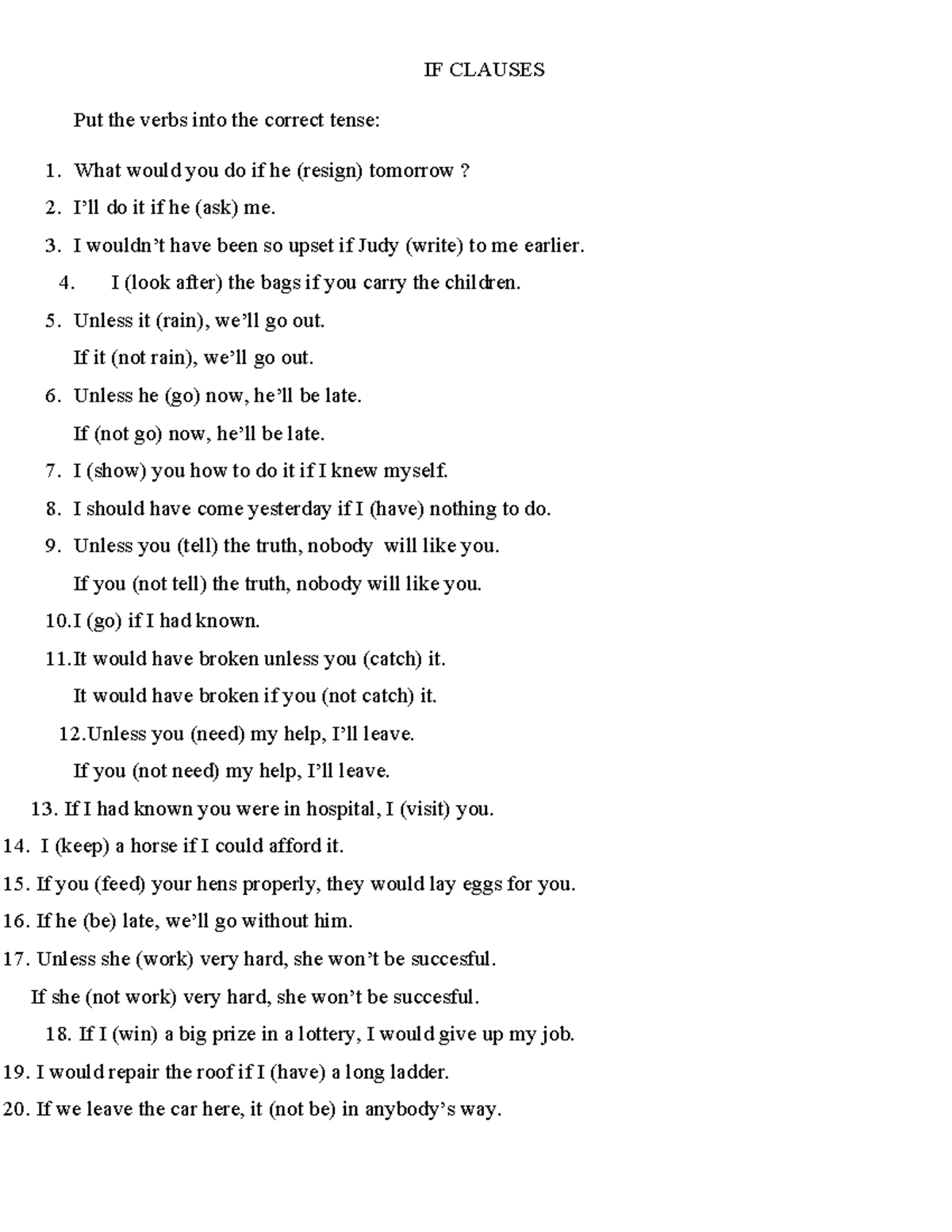 Mixed Conditionals Practice: IF Clauses Exercises - Studocu