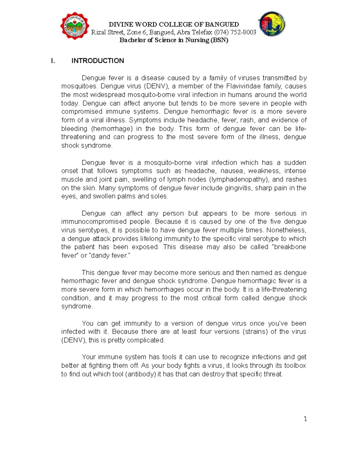 Dengue Fever Overview and Nursing Care Plan (BSN) - Studocu