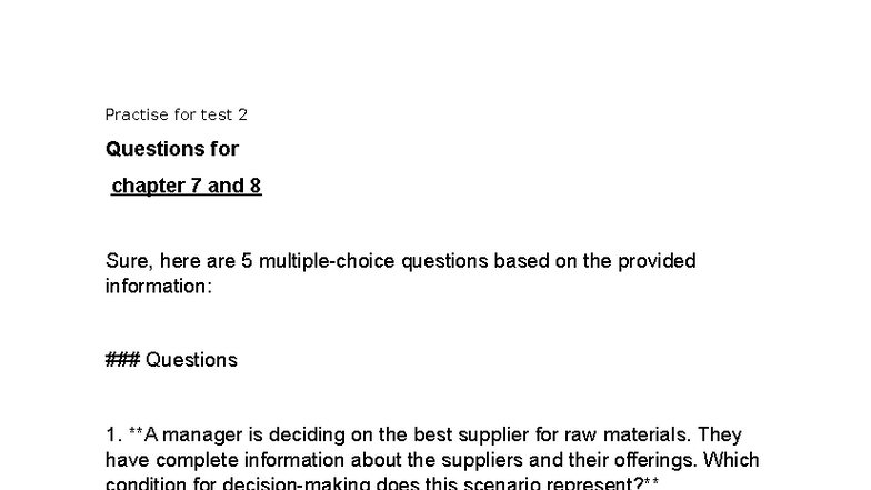 Management PP - Past Papers for Test 2 (Chapters 7 & 8) - Studocu