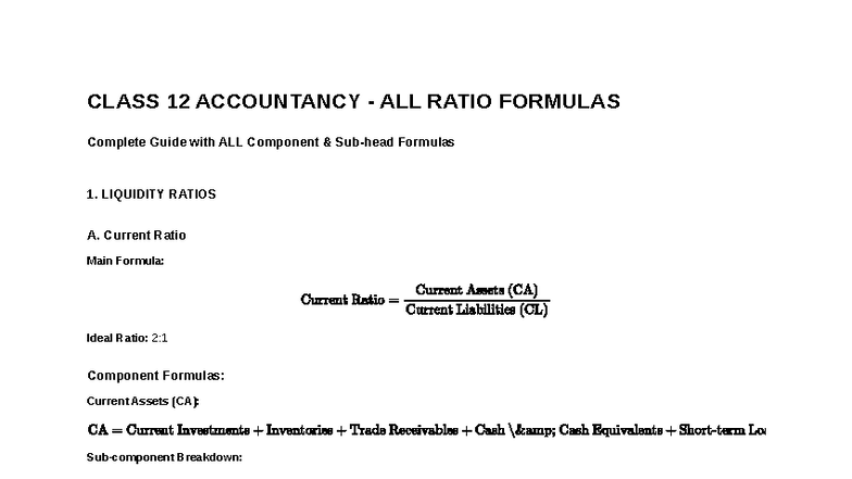 CLASS 12 ACCOUNTANCY RATIO FORMULAS: Complete Guide to All Components ...
