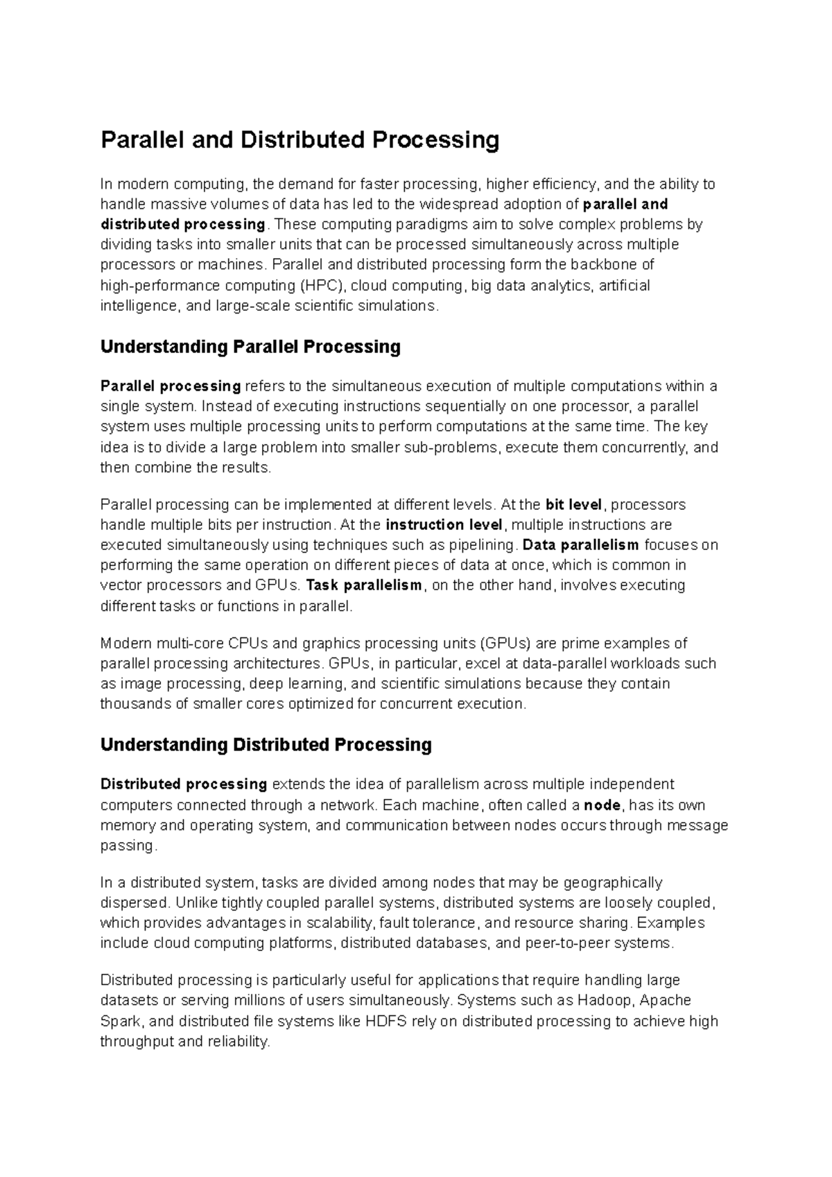 Parallel and Distributed Processing: Concepts and Applications - Studocu