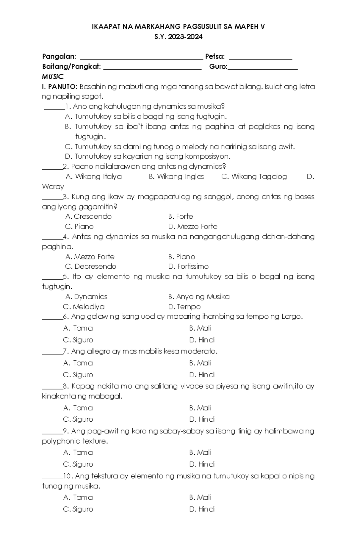 Fourth Quarter PT - Mapeh 5 - IKAAPAT NA MARKAHANG PAGSUSULIT SA MAPEH ...
