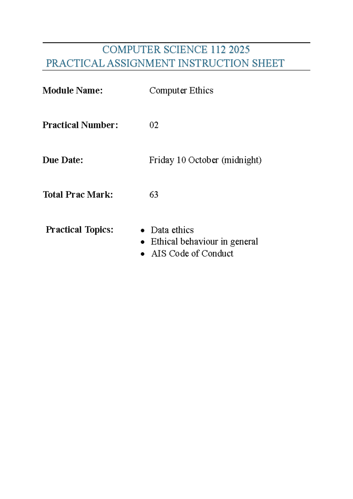 CS 112 2025 Practical Assignment: Ethics in Information Systems - Studocu