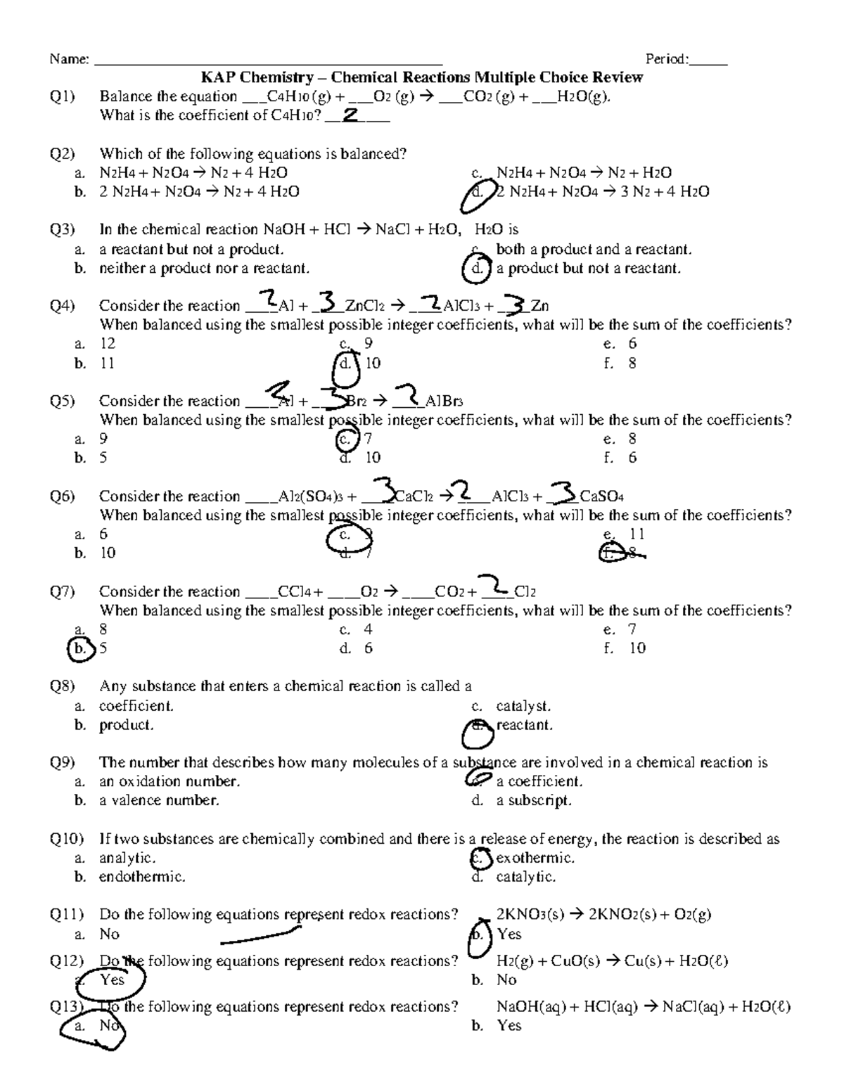 Chemical Reactions Multiple Choice Extra Practice KAP 2023-2024 - Name ...