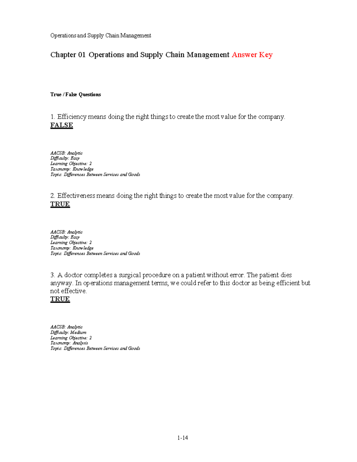 Operations and Supply Chain Management Chapter 01 Answer Key True/False ...
