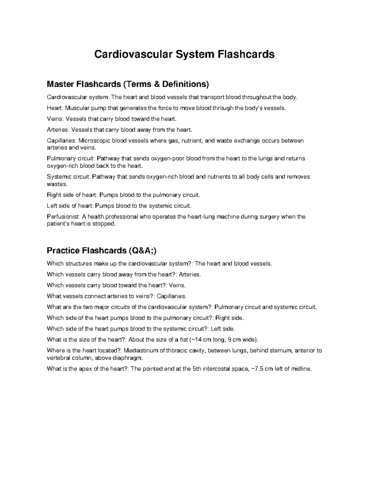 Cardiovascular System Flashcards (Terms & Definitions) - Studocu