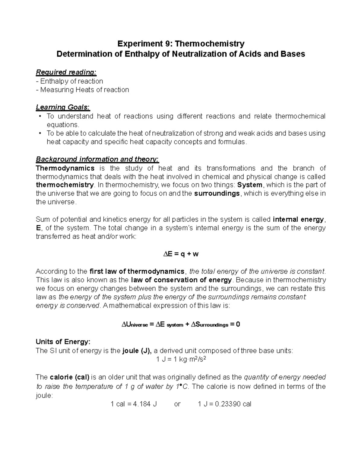 Experiment 9 - Thermochemistry: Enthalpy of Neutralization Study - Studocu