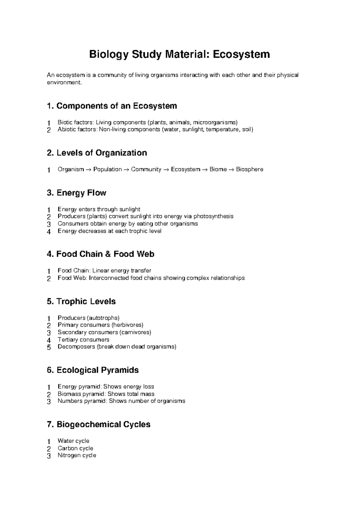 Biology Study Material: Ecosystem Overview and Components - Studocu