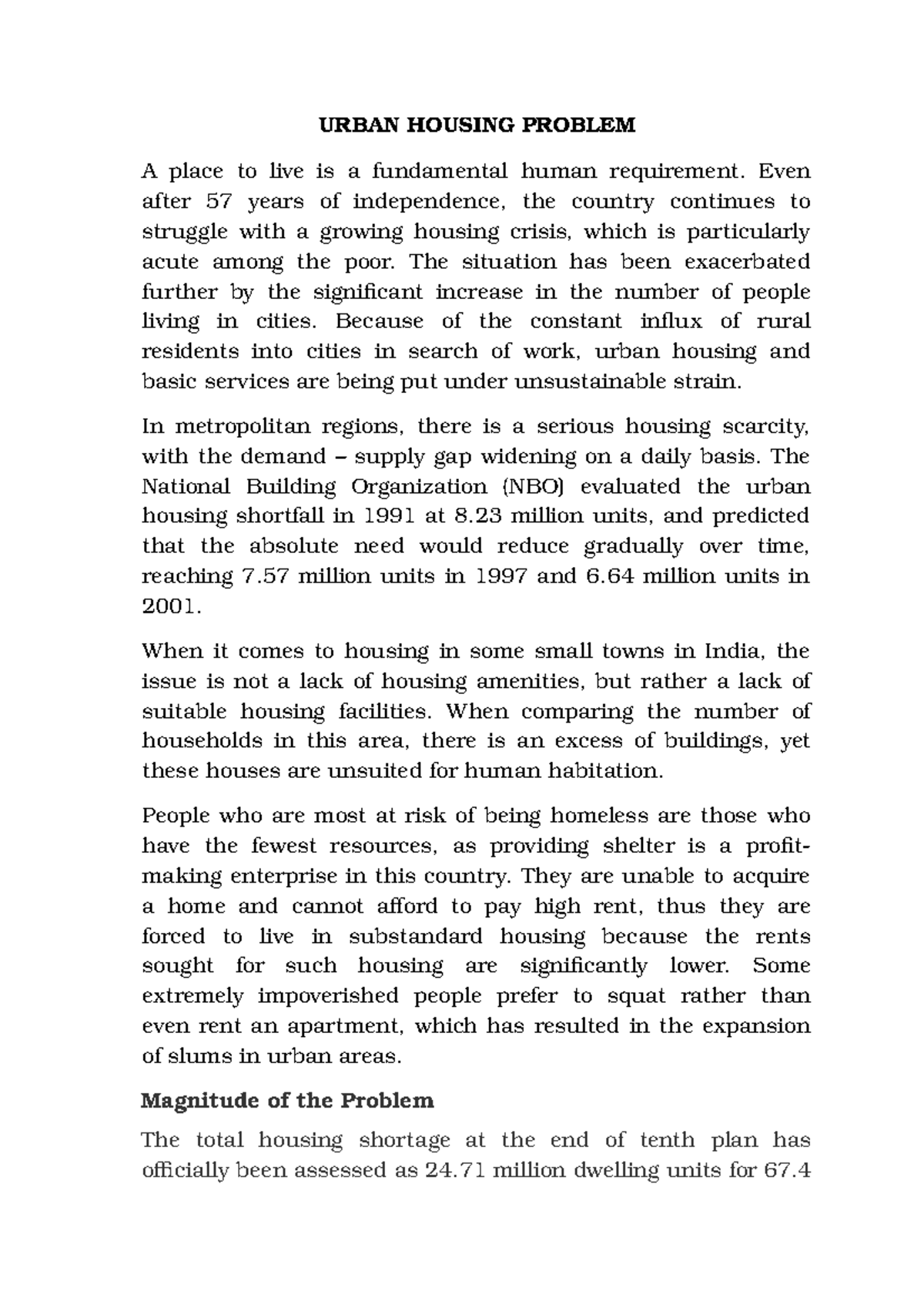 Urban Housing Problem: Lecture Notes on Crisis & Solutions - Studocu