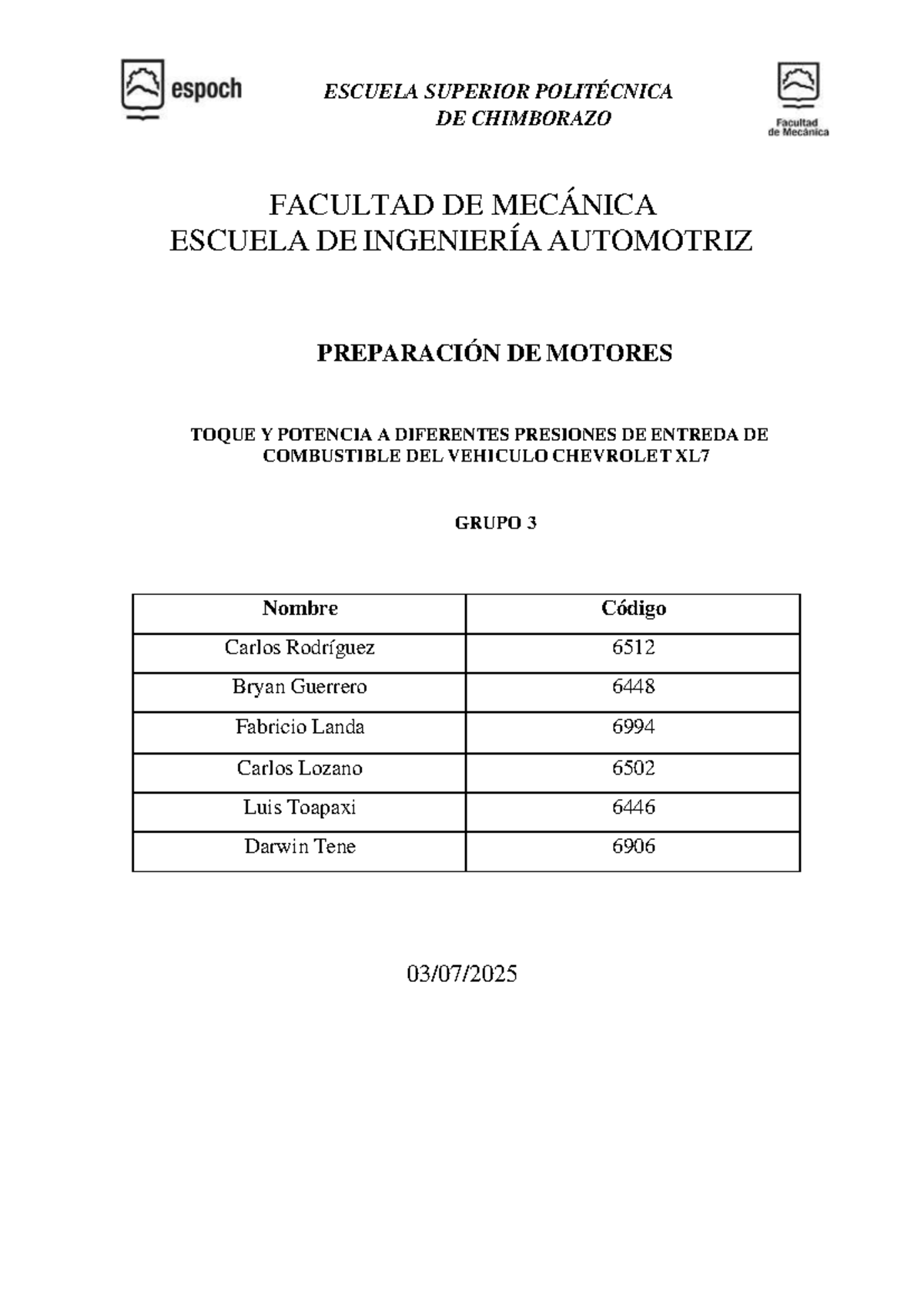 Informe de Práctica de Laboratorio: Torque y Potencia del Chevrolet XL7 ...