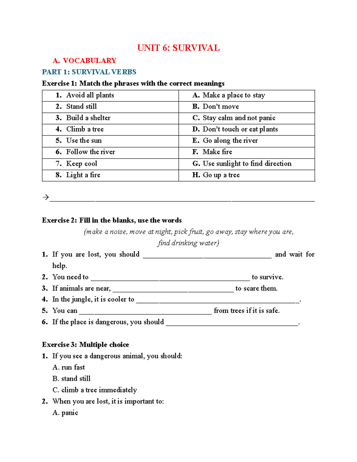 UNIT 6: Survival Vocabulary & Exercises for Survival Skills - Studocu