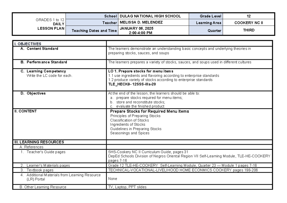 Prepare Stocks Required FOR MENU Items - GRADES 1 to 12 DAILY LESSON ...