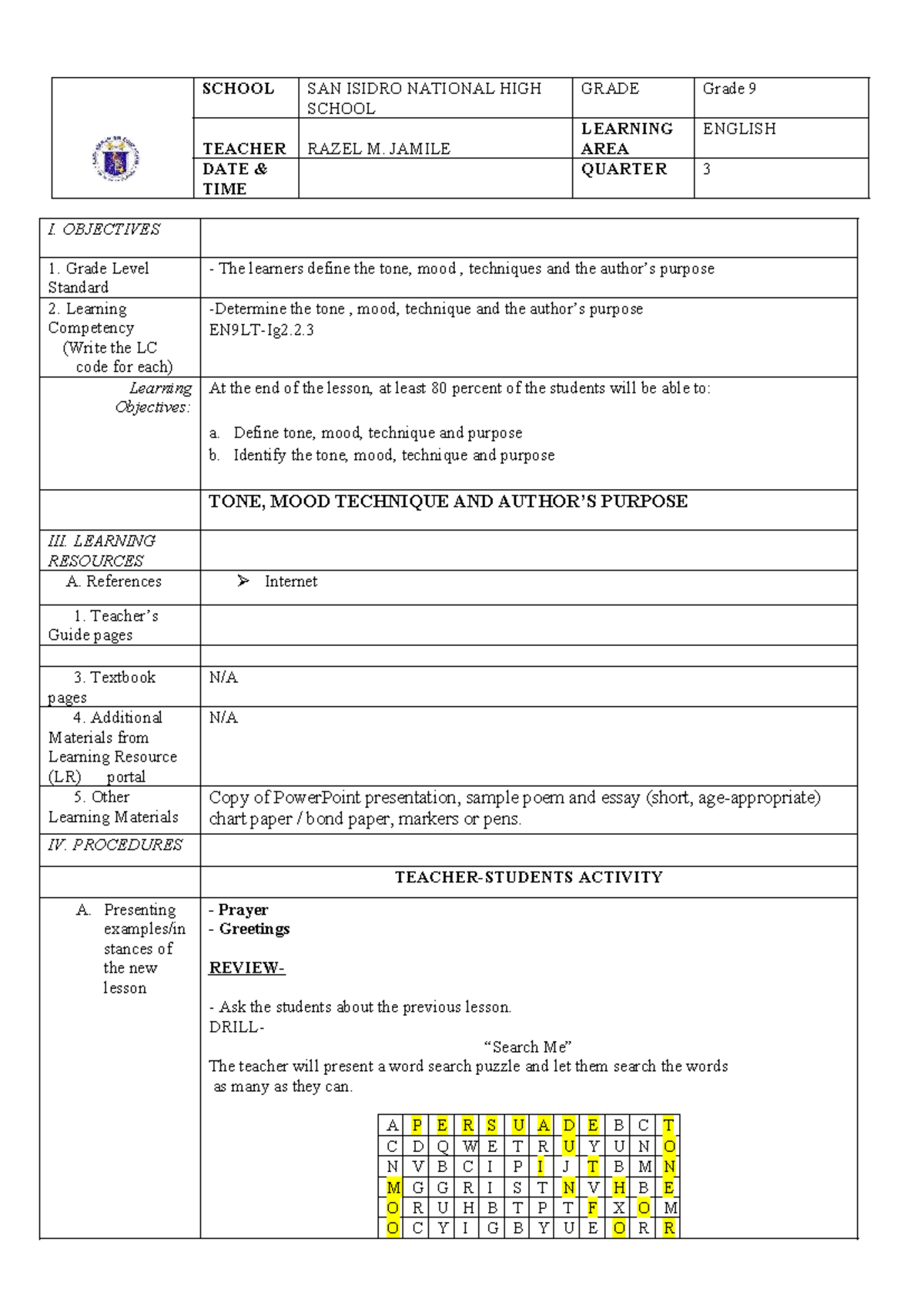 Grade 9 English Lesson Plan: Tone, Mood, and Purpose - Studocu