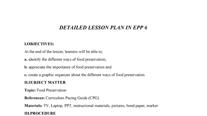 Detailed Lesson Plan on Food Preservation (EPP 6) - Studocu