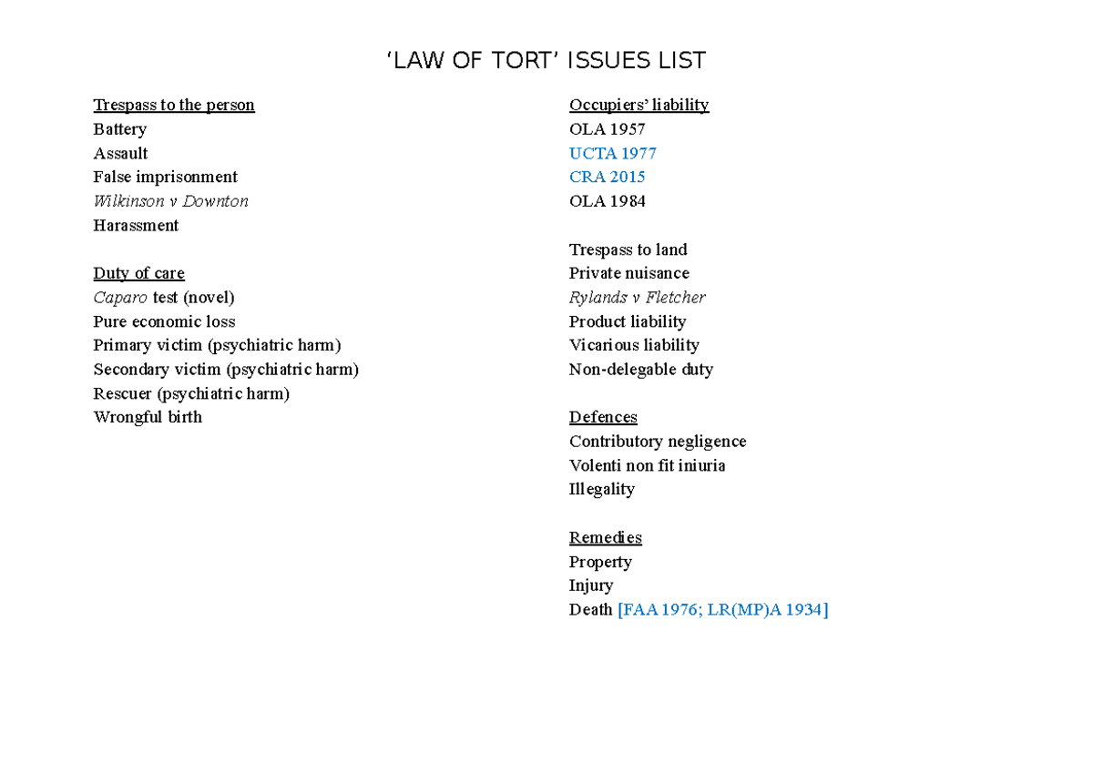 Tort Issues List - List of the torts covered in tripos - ‘LAW OF TORT ...