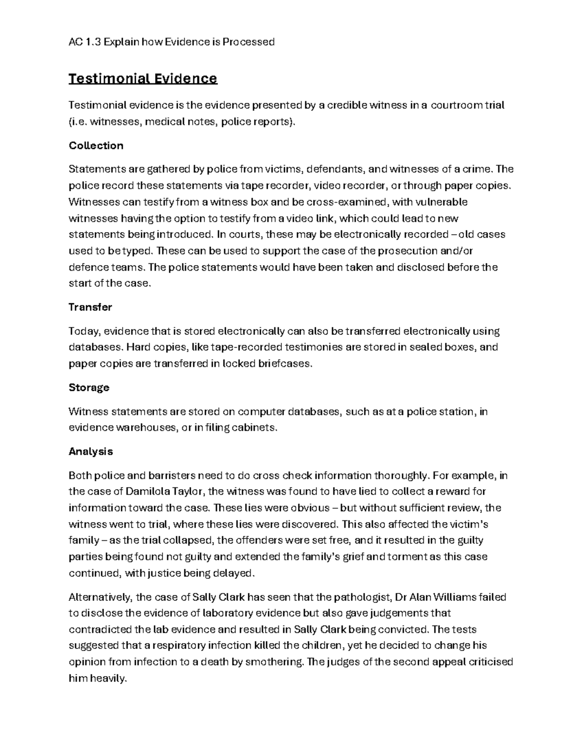UNIT 3 AC 1.3 Understanding the Processing of Testimonial and Physical ...