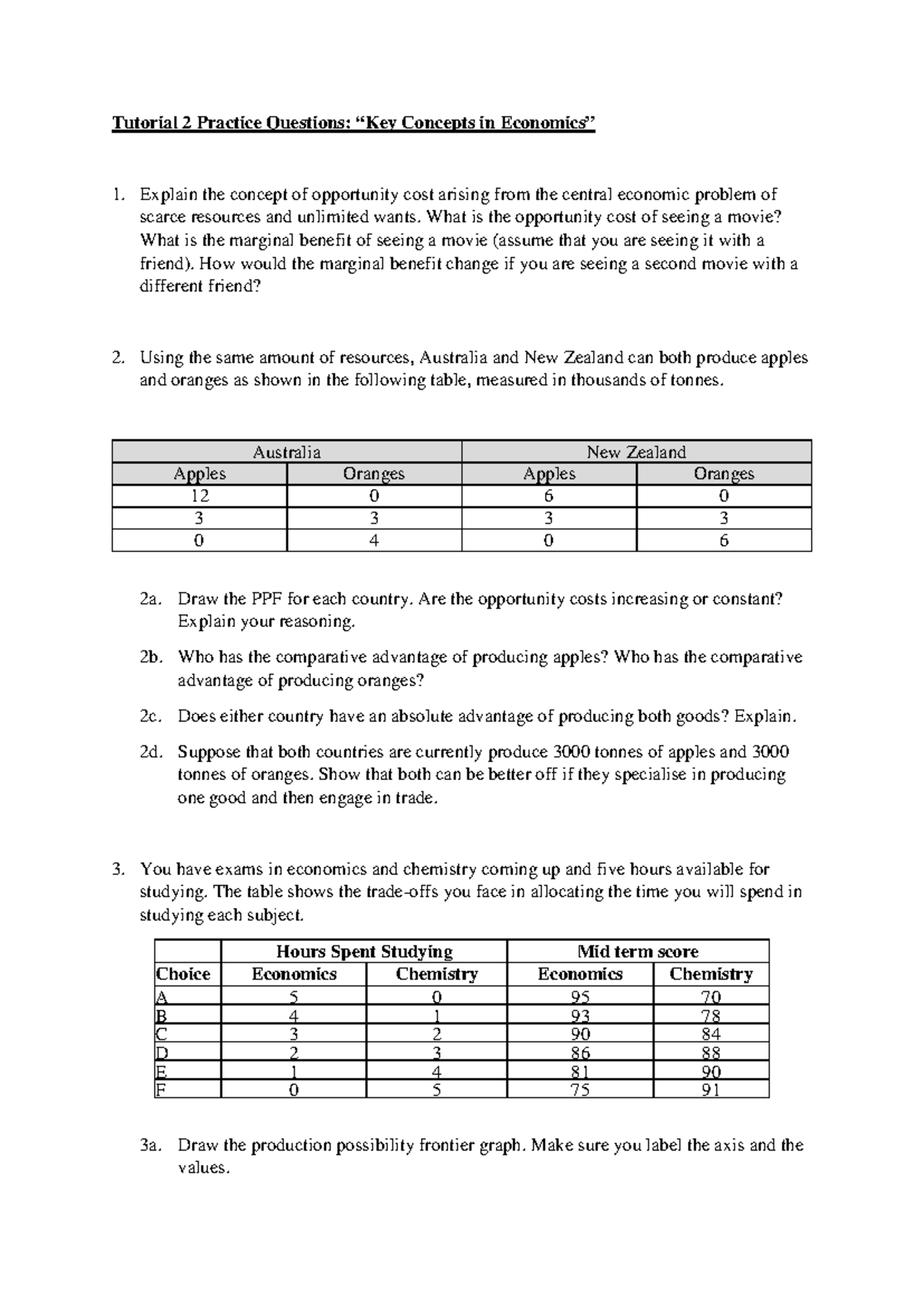 Practice Questions 2 - Opportunities, Costs, and Trade in Economics ...