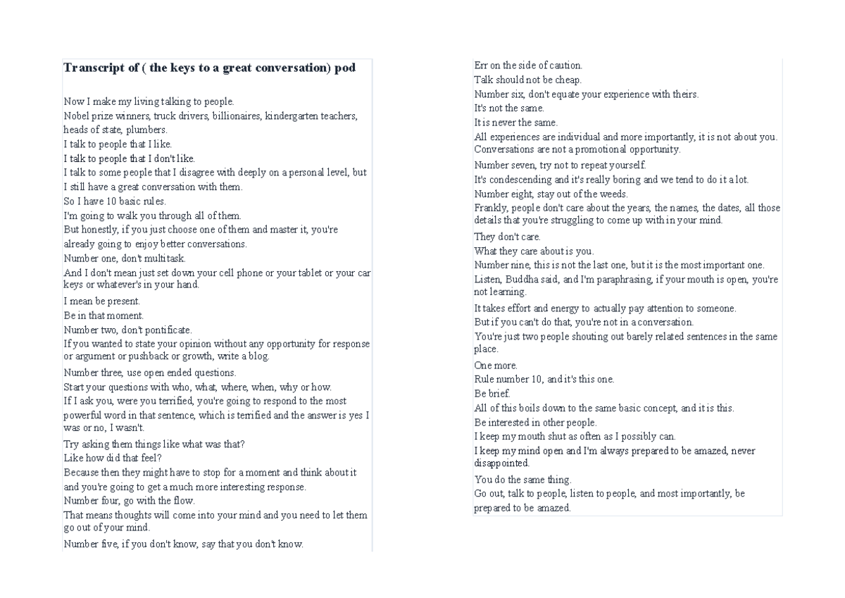 Transcript of Podcast 5: Keys to Great Conversations - Studocu