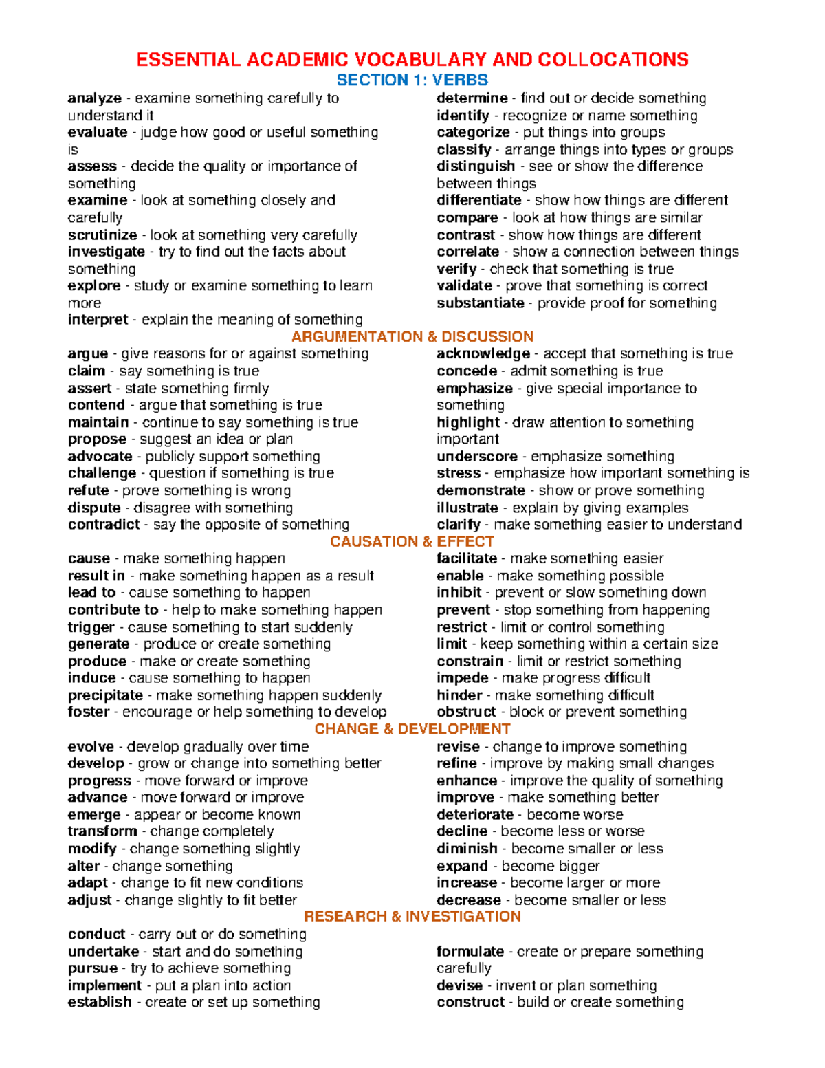 Essential Academic Vocabulary & Collocations: Verbs and Nouns Guide ...