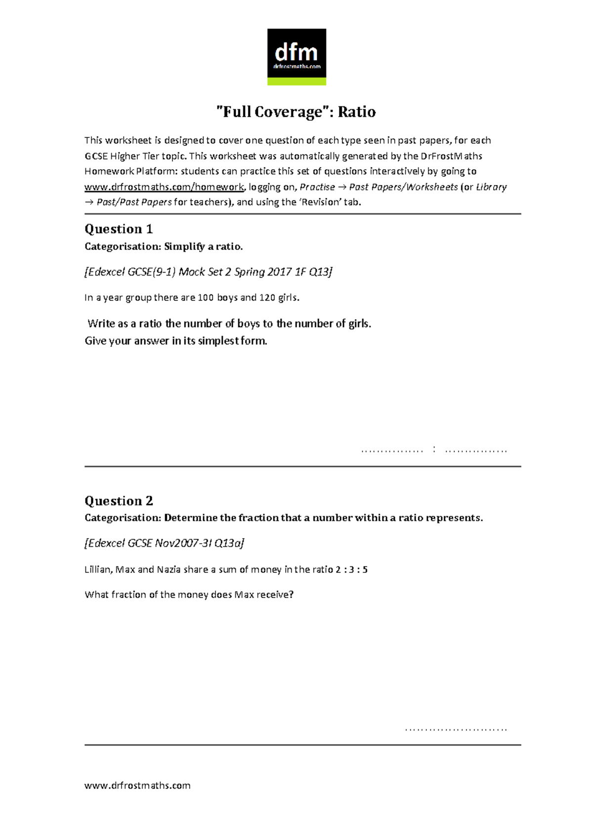 GCSE(9-1) Full Coverage Ratio Worksheet for Higher Tier Topics - Studocu