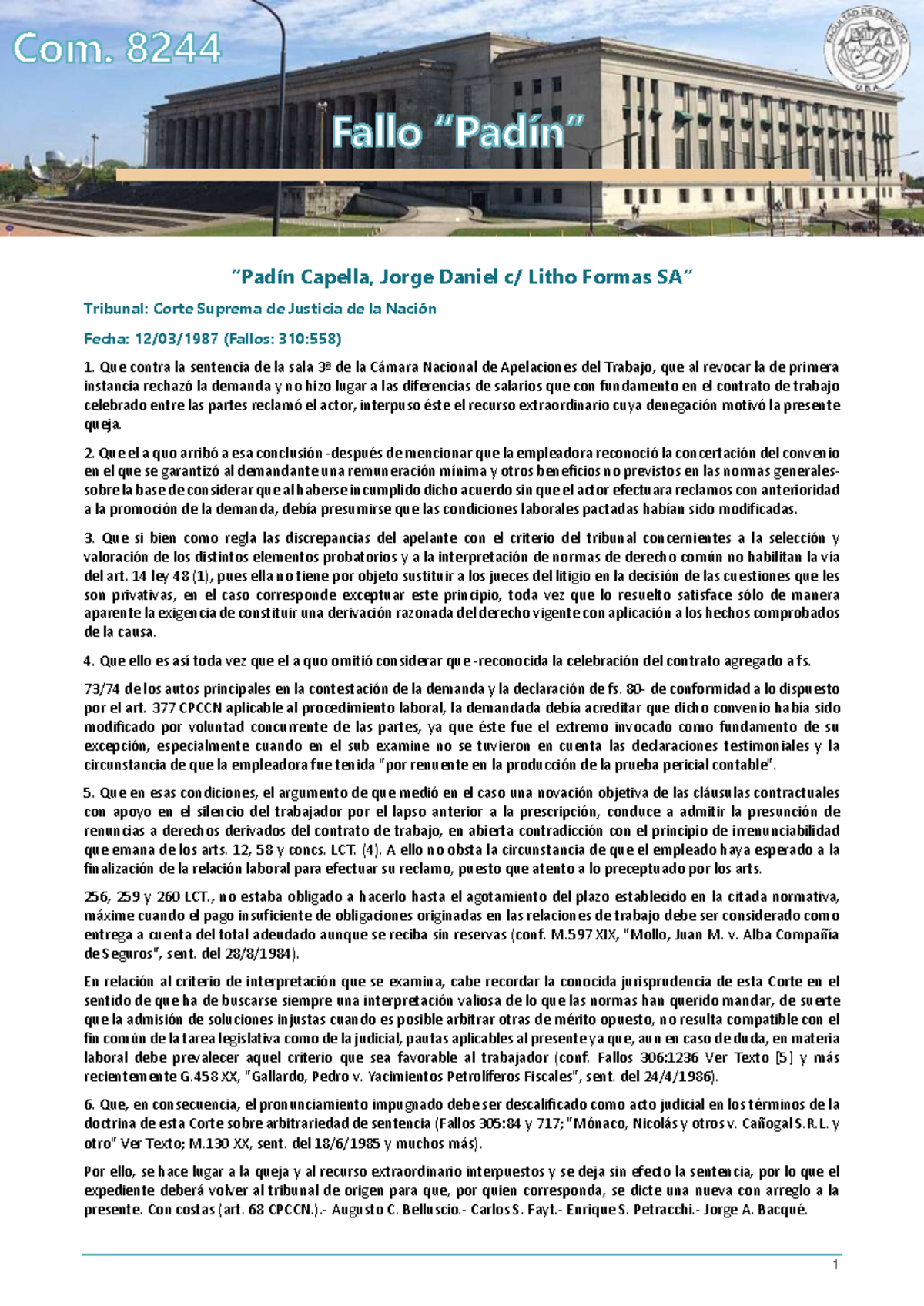 Análisis del Fallo: Padín Capella c/ Litho Formas SA - CSJN 1987 - Studocu