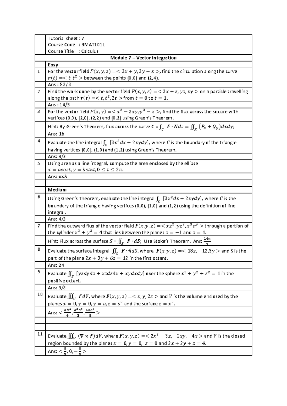 BMAT101L Calculus Tutorial Sheet 7: Vector Integration Problems - Studocu