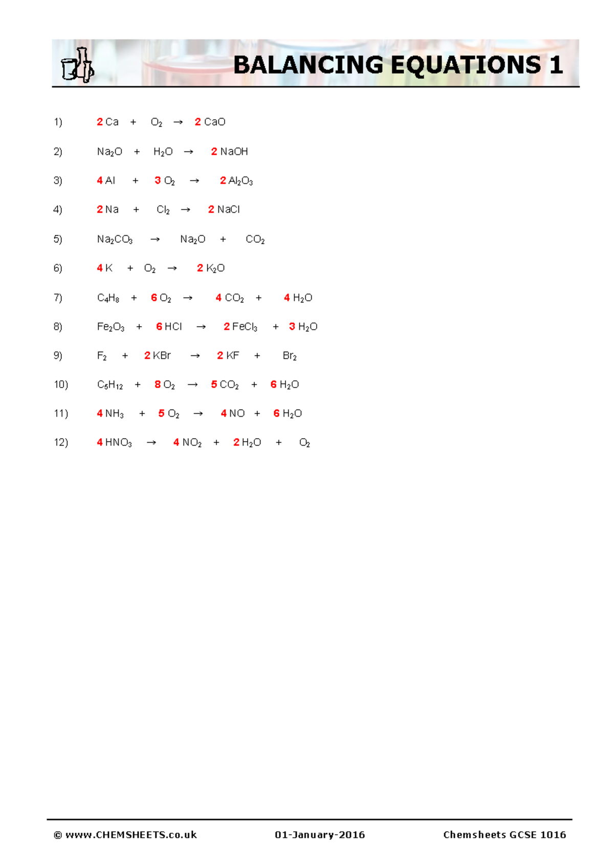 Chemsheets GCSE 1016 Balancing Equations 1 ANS 0pml2 - © CHEMSHEETS.co ...