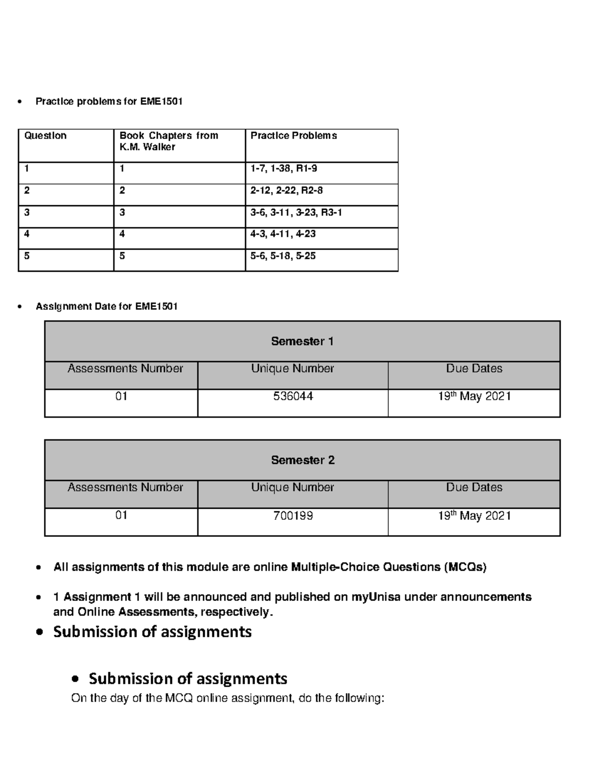 EME1501 - Assignment 1 Practice Problems and Submission Guidelines - Studocu