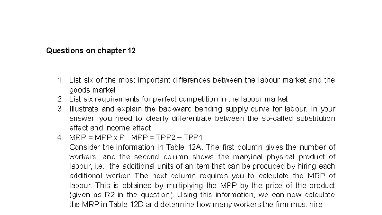 Questions on Chapters 12-16: Labour Markets, Economic Performance, and ...